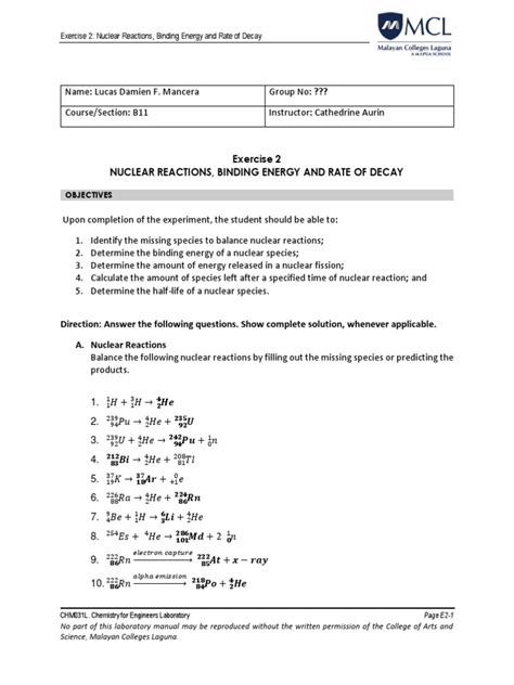 Exercise 2 Nuclear Reaction Lucas Damien F Mancera Pdf Neutron