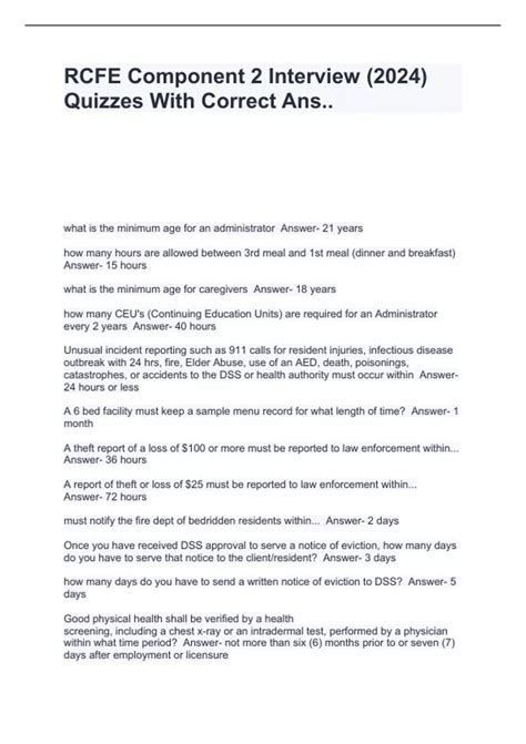 RCFE Component Interview Quizzes With Correct Ans Rcfe Stuvia US