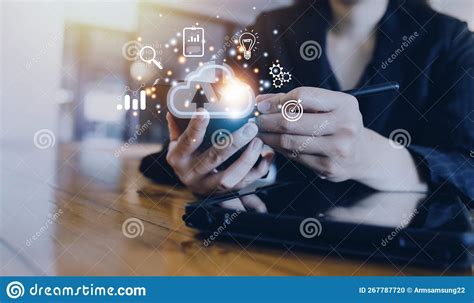 man use laptop with cloud computing diagram show on hand cloud technology data storage stock