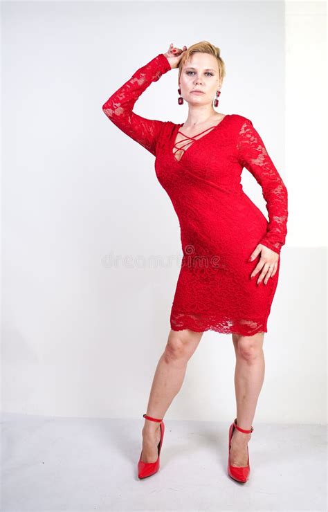 Fashion Female Red Lace Dress Standing Alone Plus Size Blonde Woman