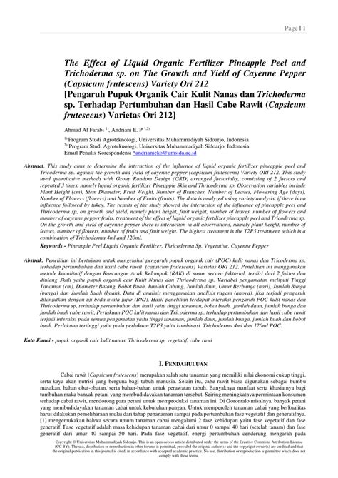 Pdf Effect Of Liquid Organic Fertilizer Pineapple Peel And Trichoderma Sp On The Growth And