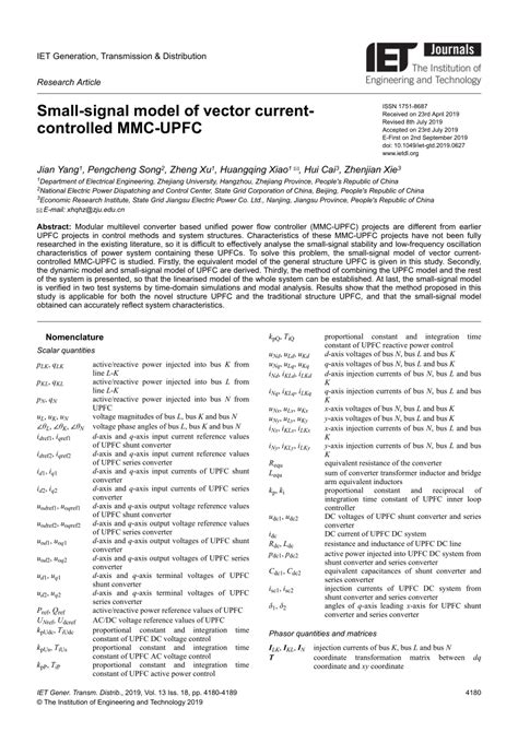 Small Signal Model Of Vector Current Controlled Mmc Upfc