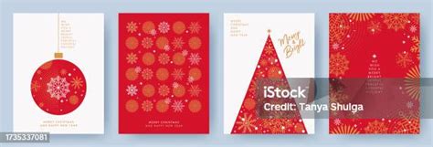 메리 크리스마스와 새해 복 많이 받으세요 인사말 카드 포스터 휴일 표지 세트 크리스마스 디자인은 빨간색 배경에 현대적인 라인 아트 스타일의 아름다운 눈송이가 있습니다