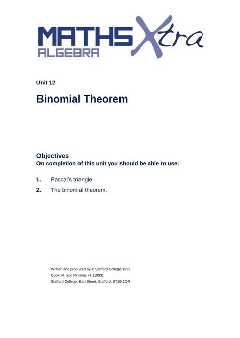 Pdf Binomial Theorem The Binomial Theorem You Can See From The Last Exercise That As The