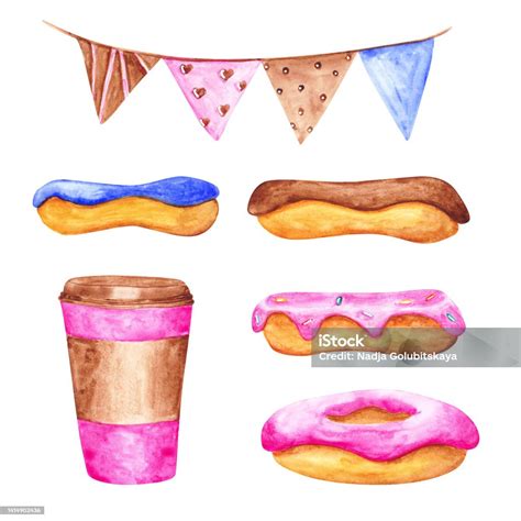 도넛 생일 화환 에클레어 및 커피 컵 일러스트레이션 흰색 배경에 고립 된 6 개의 수채화 베이커리 클립 아트 세트 디저트 클립 아트 컬렉션 귀여운 핑크 더넛과 카페 물건 0