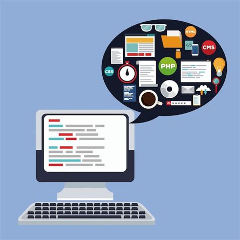 Premium Vector Color Background Desk Computer Device With With Dialog Box And Programming