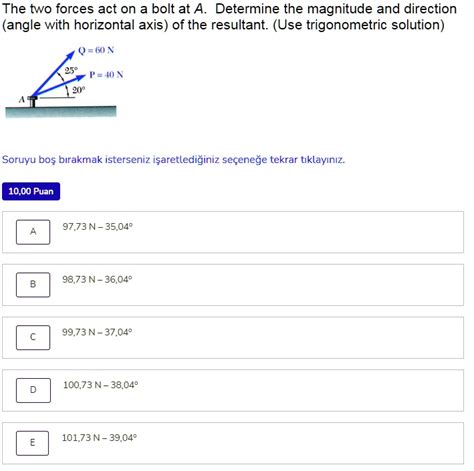 Solved The Two Forces Act On A Bolt At A Determine The Magnitude And Direction Angle With The