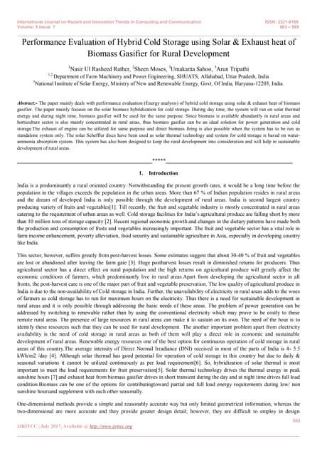 Performance Evaluation Of Hybrid Cold Storage Using Solar And Exhaust Heat Of Biomass Gasifier For