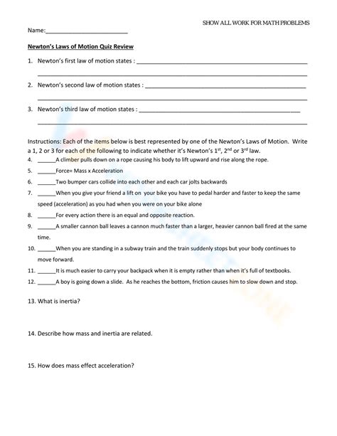 Newtons Laws Of Motion Quiz Review Worksheet