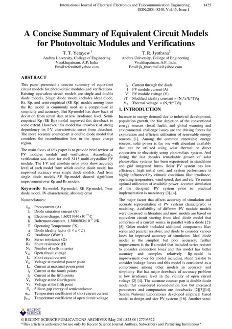 Pdf A Concise Summary Of Equivalent Circuit Models For Photovoltaic Modules And Verifications