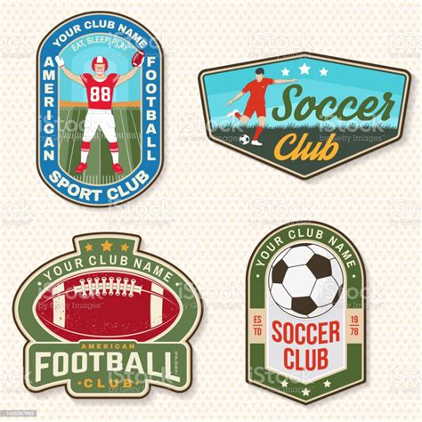 미식 축구 및 축구 클럽 자수 패치 세트 셔츠 로고 인쇄 우표 스티커 용 벡터 축구 미식 축구 스포츠맨 선수 헬멧 공 및 어깨 패드 실루엣이있는 빈티지 디자인