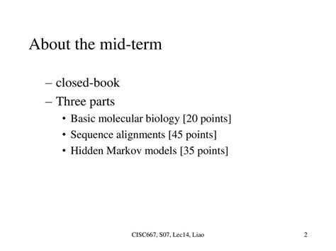 cisc 667 intro to bioinformatics spring 2007 review session for mid