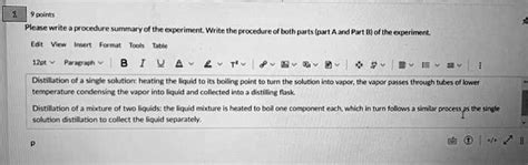 Solved 9 Points Please Write A Procedure Summary Of The Experiment Write The Procedure Of