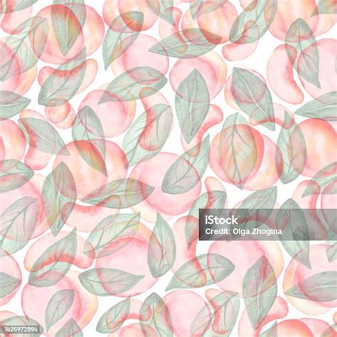 흰색 배경에 고립 된 잘 익은 복숭아의 수채화 패턴 나뭇잎이있는 육즙이 많은 복숭아의 원활한 패턴 다채로운 과일을 곁들인 수채화 예술 건강한 식생활 개념 건강한 식생활에