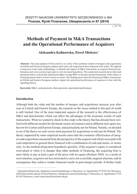 PDF Methods Of Payment In M A Transactions And Operational Performance Of Acquirers