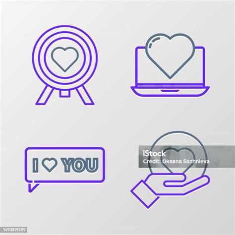 손에 하트 라인 사랑해와 함께 말풍선 노트북 하트 및 다트 목표 목표 아이콘의 중앙에 설정하십시오 벡터 개념에 대한 스톡 벡터
