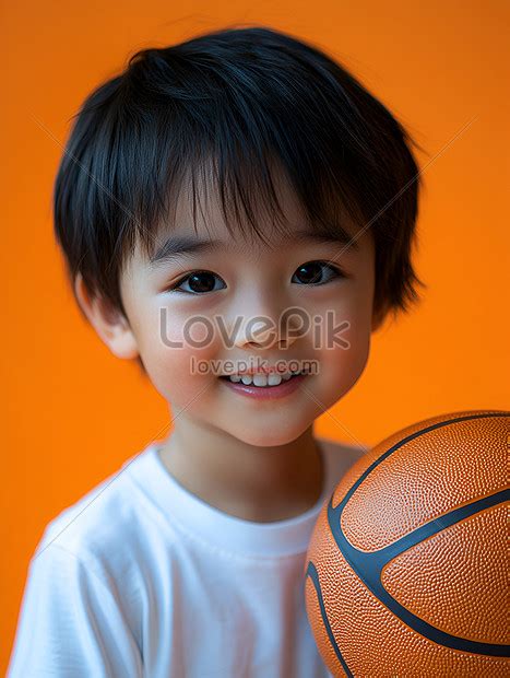 농구를 들고있는 중국 어린 소년