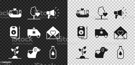 인도주의 선박 나무 심기 자원 봉사 팀 메가폰 개와 함께하는 하트 물병 헌혈 및 응급 자동차 아이콘을 설정하십시오 벡터 가공의 인물에 대한 스톡 벡터 아트 및 기타 이미지