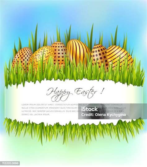 잔디와 복사 공간에서 황금 장식 계란의 행과 부활절 배경 벡터 일러스트 0명에 대한 스톡 벡터 아트 및 기타 이미지 0명 3차원 형태 4월 Istock