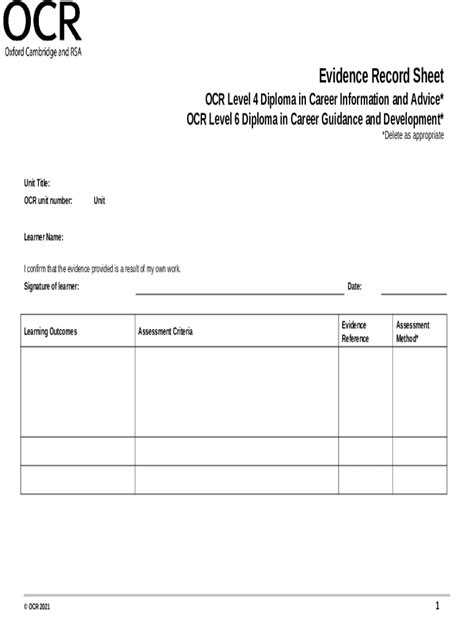 Ukimages634260 Preparing To Work Inlevel 4 6 Unit 01 Evidence Record Sheet Ocr Ocr