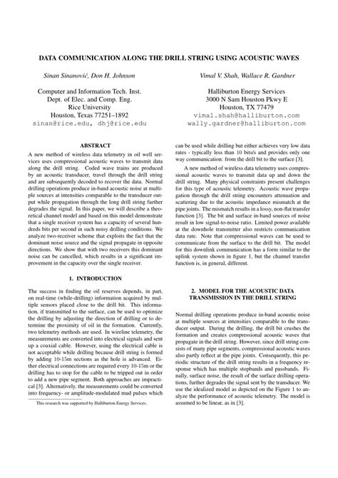 Pdf Data Communication Along The Drill String Using Acoustic Waves