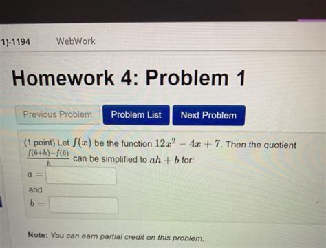 Solved 1 1194 Webwork Homework 4 Problem 1 Previous