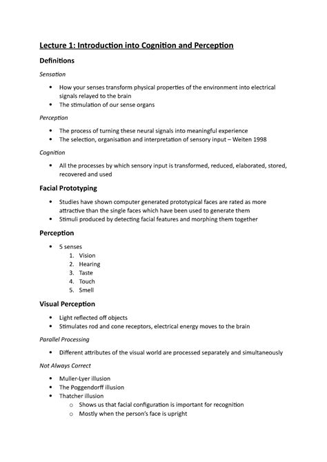 Psyc236 Lecture Notes Lecture 1 Introduction Into Cognition And Perception Definitions