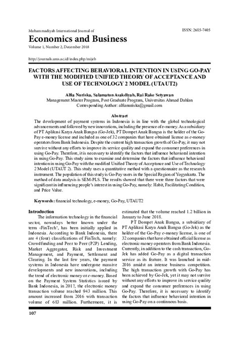 Pdf Factors Affecting Behavioral Intention In Using Go Pay With The