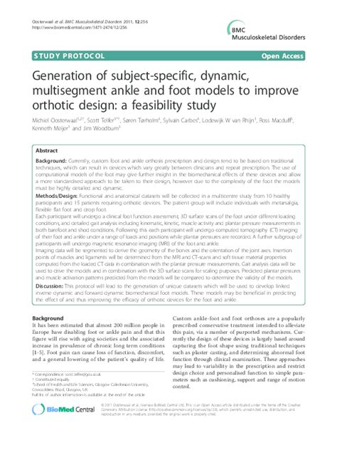 Pdf Generation Of Subject Specific Dynamic Multisegment Ankle And Foot Models To Improve
