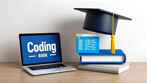 3d flat icon as graduation cap with laptop and coding book concept as a