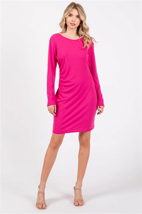 Fuchsia Ribbed Side Ruched Fitted Dress Pinkblush