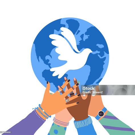 하얀 배경에 고립 된 평화의 상징으로 비행 조류 비둘기와 지구 지구를 들고 인간의 손의 벡터 그림 국제 평화의 날 한글 그리글링