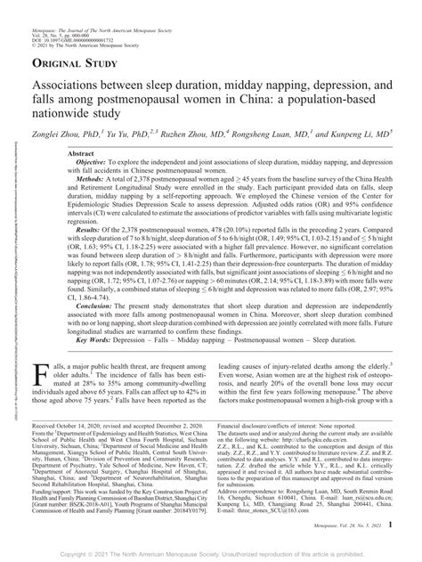 Pdf Associations Between Sleep Duration Midday Napping Depression And Falls Among