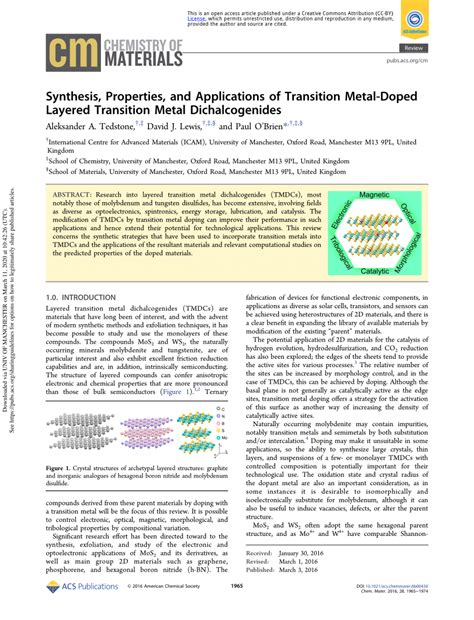 Pdf Synthesis Properties And Applications Of Transition Metal Doped