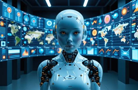 Futuristic Android In Data Control Room With Digital Screens Displaying Global Analytics Ai