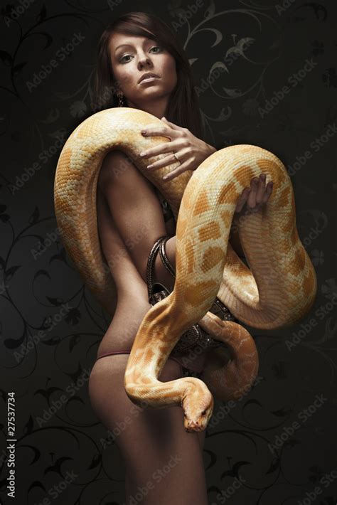 Beautiful Woman Holding Python Standing Stock Photo Adobe Stock