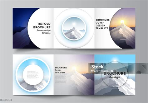 사각형 형식의 최소 벡터 편집 레이아웃은 삼중 브로셔 전단지 잡지에 대한 디자인 템플릿을 다룹니다 마운틴 일러스트 아웃도어 어드벤처 여행 개념 배경입니다 플랫 디자인