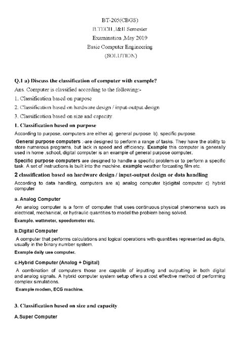Bt 205 Basic Computer Engineering May 2019 Solutions Semester Examination May 2019 Basic