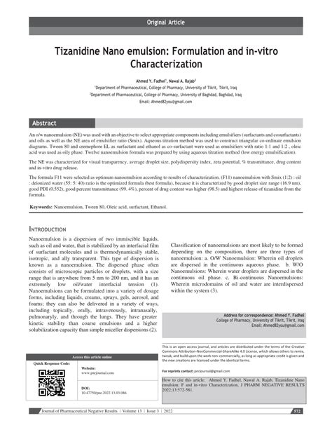 Pdf Tizanidine Nano Emulsion Formulation And In Vitro Characterization