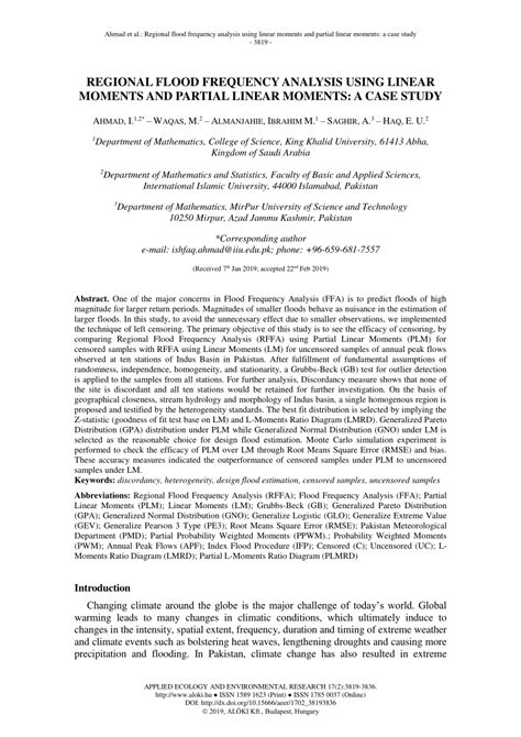 Pdf Regional Flood Frequency Analysis Using Linear Moments And