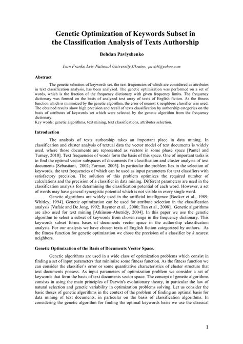 Pdf Genetic Optimization Of Keywords Subset In The Classification Analysis Of Texts Authorship