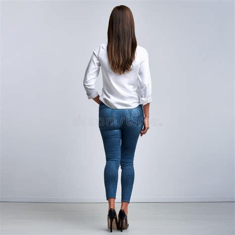 Beautiful Slim Young Woman Wearing Tight Blue Jeans Ai Generate Stock