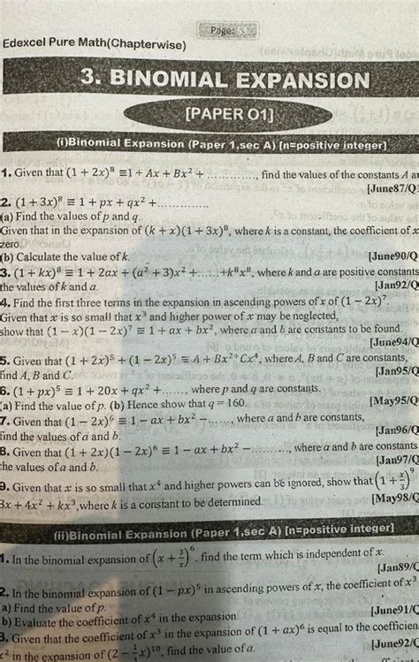 Edexcel Pure Mathchapterwise Binomial Enpansion Paper O1binomial Expans