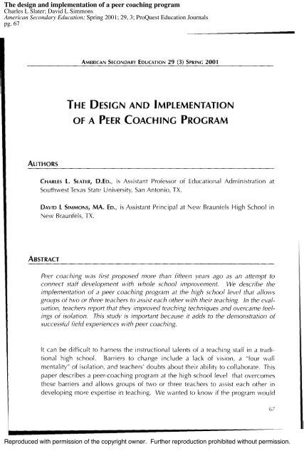the design and implementation of a peer coaching program pdf