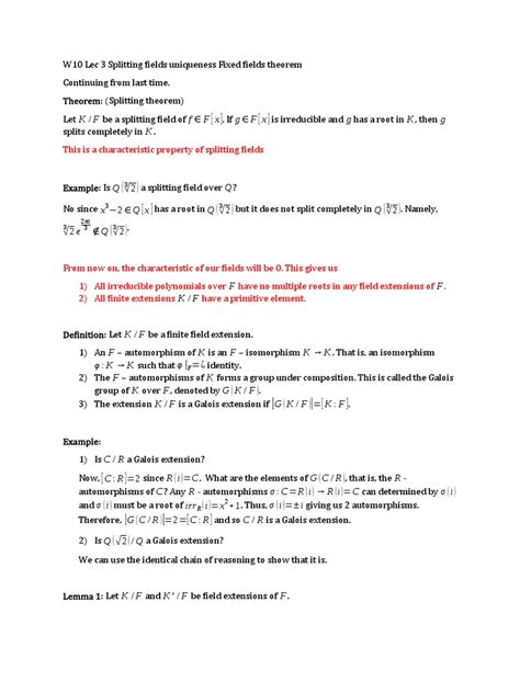 W10 Lec 3 Splitting Fields Uniqueness Fixed Fields Theorem Pdf