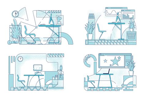 현대 사무실 인테리어 디자인 개요 벡터 일러스트 세트 비즈니스 센터 룸은 흰색 배경에 윤곽 구성 기업 직원 직장 간단한 스타일 도면 컬렉션 0명에 대한 스톡 벡터 아트 및