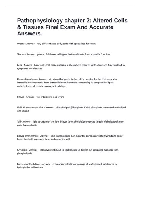 Pathophysiology Chapter 2 Altered Cells And Tissues Final Exam And Accurate Answers Applied