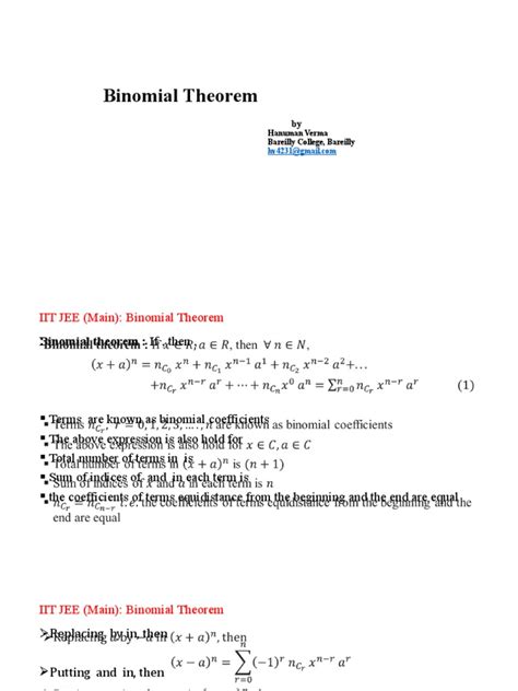 Binomial Theorem Iit Jee Main Examination Pdf Numbers Polynomial