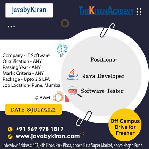The Kiran Academy Java By Kiran On Linkedin Jobs Offcampus Java Selenium Networking