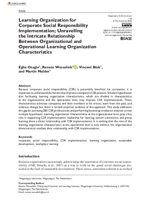 Pdf Learning Organization For Corporate Social Responsibility Implementation Unravelling The